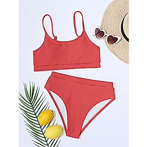 MakeMeChic Women's Ribbed High Waisted Bikini Sets Swimsuit Bathing Suit Watermelon Pink XL