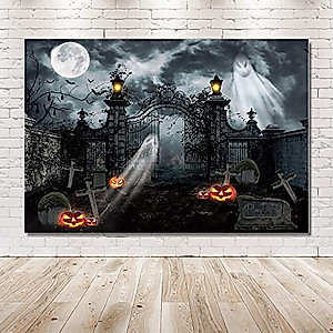 MEHOFOND 7x5ft Halloween Haunted Graveyard Photography Backdrop Gothic Night Ghost Lantern Spooky Terror Desolate Cemetery Gate Mist Background Horror Party Banner Decorations Kid Shoot Booth Props