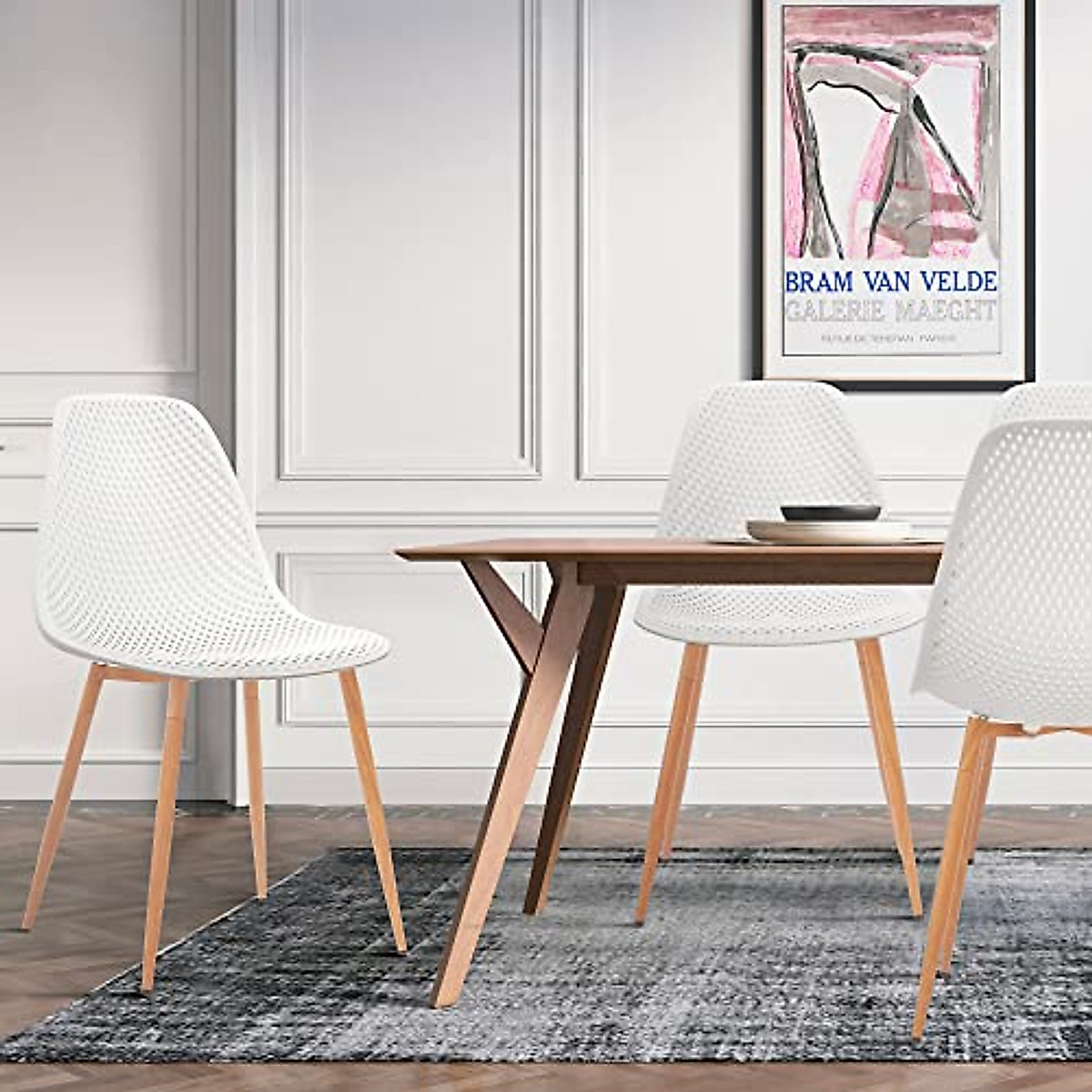 CangLong Dining Mid Century Modern DSW Hollow Back Design Plastic Shell Armless Side Chair with Metal Legs, Set of 4, White