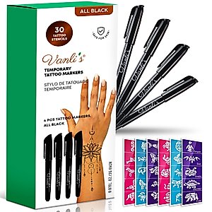 Vanli's Temporary Tattoo Markers for Skin With 30 Unique Tattoo Stencils. Black Tattoo Pens for Skin Temporary. Skin Safe, Great Stocking Stuffer For Kids, Teens and Adults