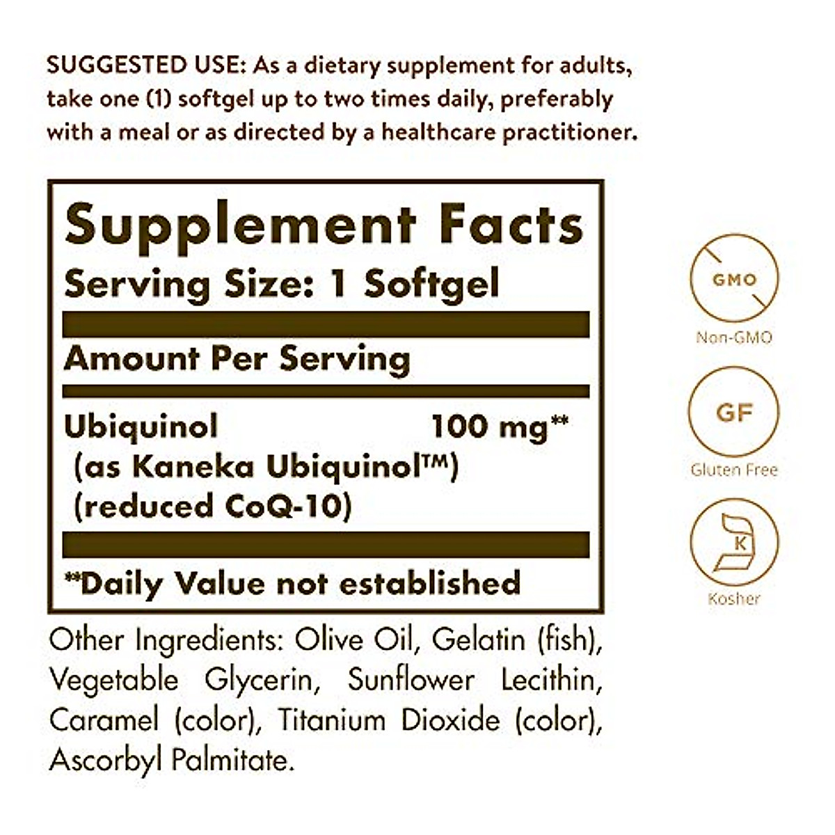 Solgar Kosher Ubiquinol 100mg, 60 Softgels - Advanced Antioxidant Support - Heart Health - Reduced Coenzyme Q10 (CoQ-10) - Non-GMO, Gluten Free, Dairy Free, Kosher - 60 Servings