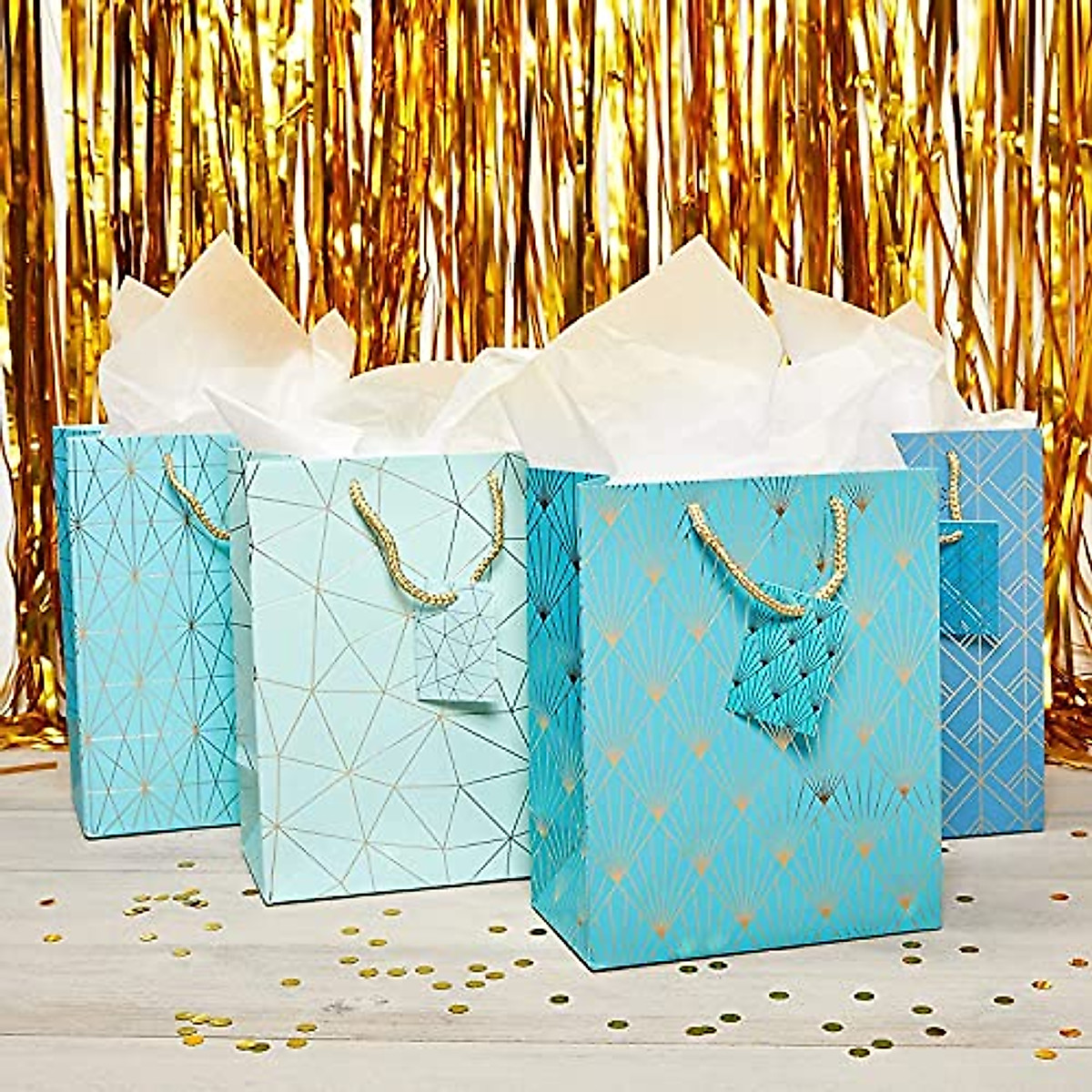Blue & Gold Foil Gift Bags with Handles, 4 Designs for Baby Shower, Wedding (15 Pack)