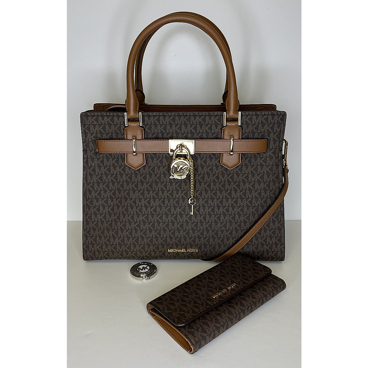 MICHAEL Michael Kors Hamilton MD Satchel bundled with Trifold Wallet and Purse Hook (Signature MK Brown)