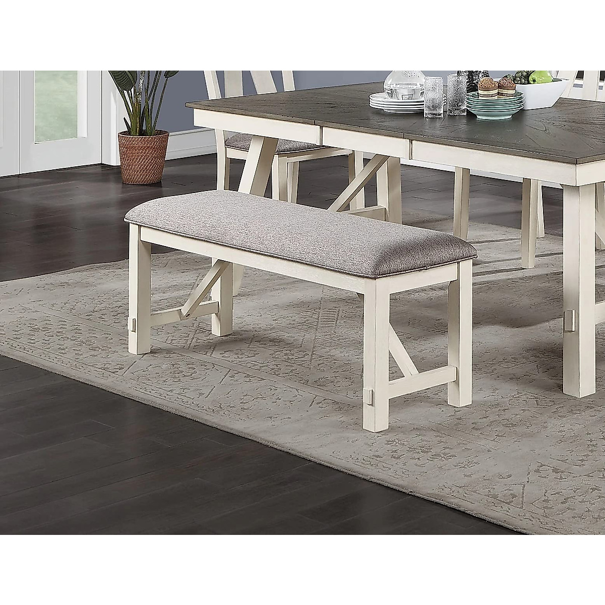 Dining Room Furniture 6pc Dining Set Table w Leaf and 4X Side Chairs 1x Bench Gray Fabric Cushion Seat White Clean Lines Wooden Table Top