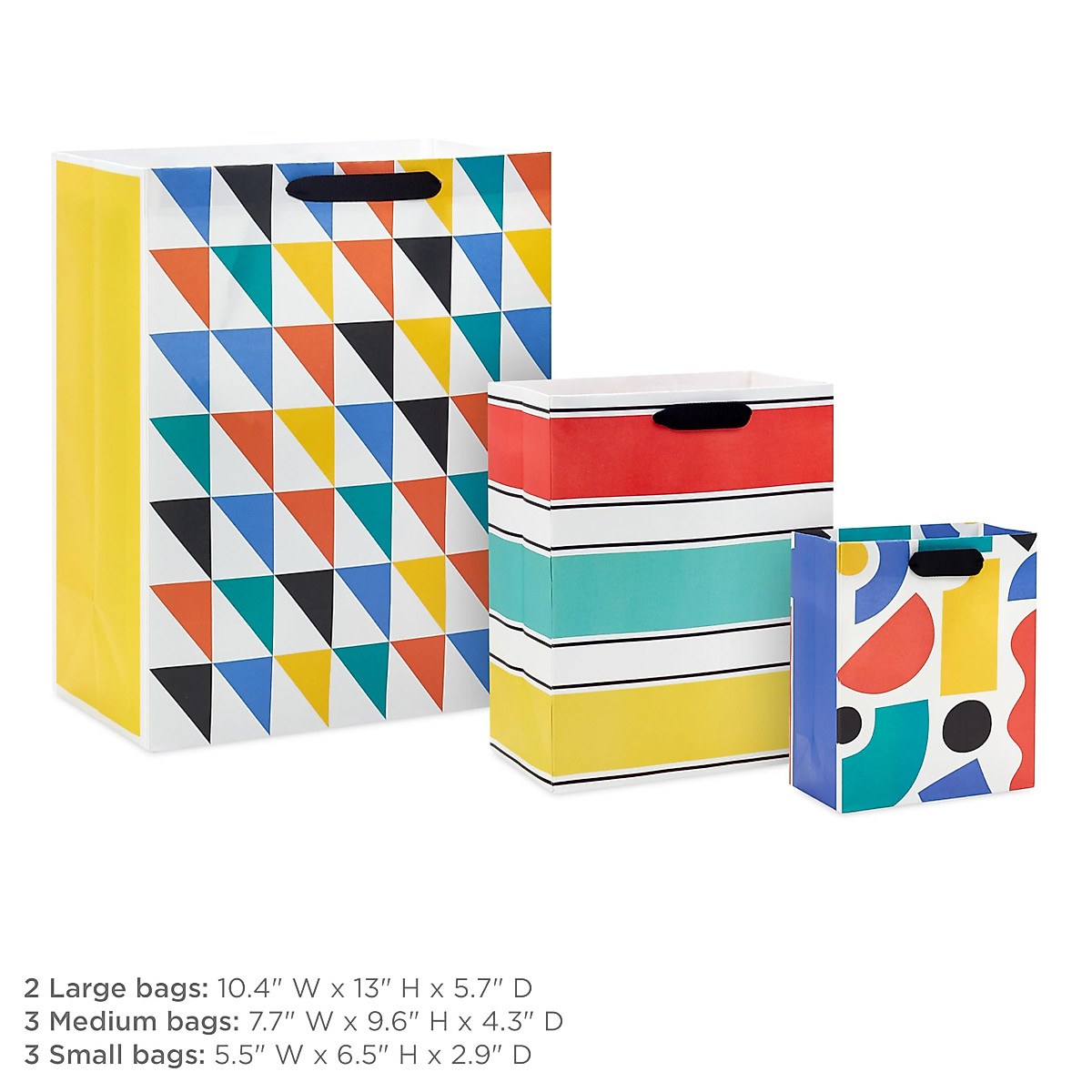 Hallmark Assorted Gift Bags (8 Bags: 3 Small 6", 3 Medium 9", 2 Large 13") Colorful Stripes, Triangles, Shapes