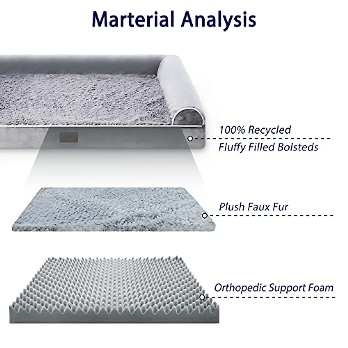 WESTERN HOME Large Orthopedic Dog Beds Sofa - Large/Extra Large Dogs Beds, Eggs Crate Foam Couch Large Pet Bed with Waterproof Washable Cover, Faux Fur Velvet Sofa Dog Bed, Grey