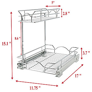 OCG Under Sink Cabinet Organizer Two Tier Pull Out Shelf (11.75W x 17D), Under Sink Sliding Shelf for Kitchen Bathroom Cabinet 2 Tier Chrome