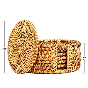 Artera Handmade Natural Rattan Coasters - Round Straw Woven Trivet for Teacup, Wicker Heat Resistant Plate Pad for Hot Pots and Pans, Non-Slip 6 Piece Coaster Set with Holder
