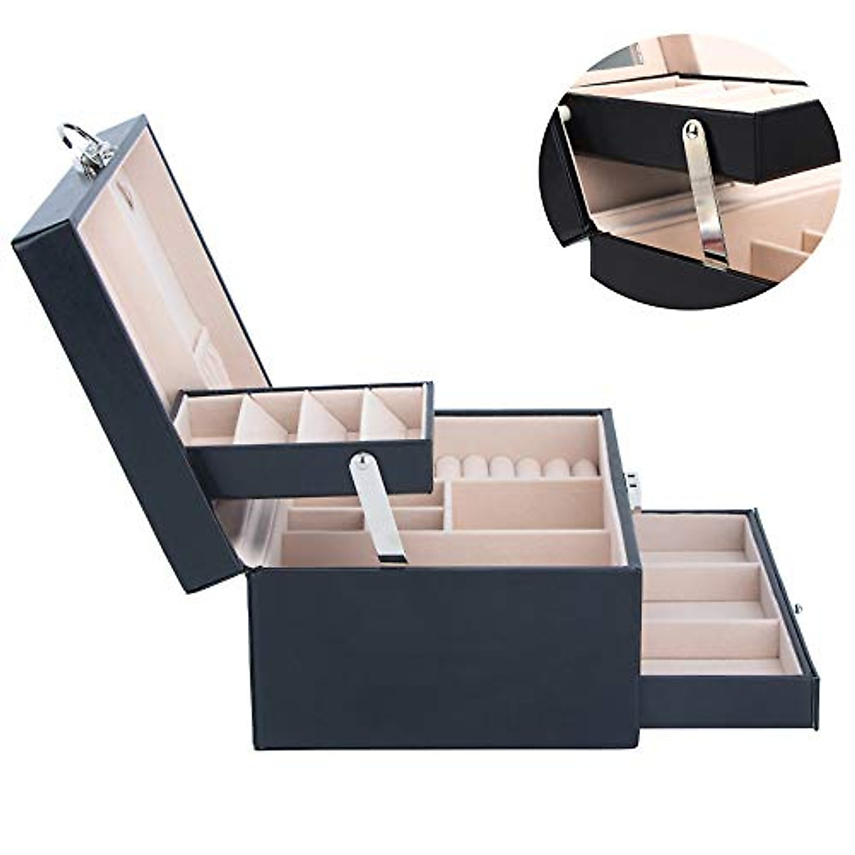 Jewelry Box Organizer Three-Layers Leather Jewelry Display Case Retro Lock Mirror (Three-Layers, Black)