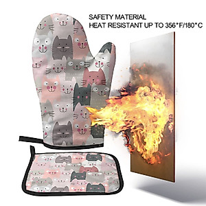 Oplp Funny Pink Cute Cats 3 Piece Kitchen Set Waterproof Apron with Oven Mitt and Pot Holder Cooking Adjustable Apron Microwave Glove Potholder