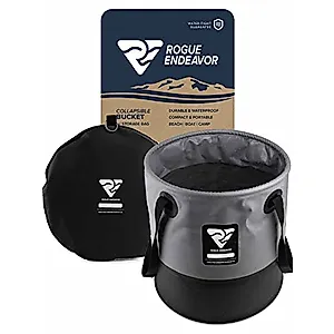 Rogue Endeavor Heavy Duty Collapsible Bucket (5 Gallon (20L) Includes Lid), Mesh Bag, Beach and Salt Water Ready, Durable Reinforced Design with Metal Hardware (Black)