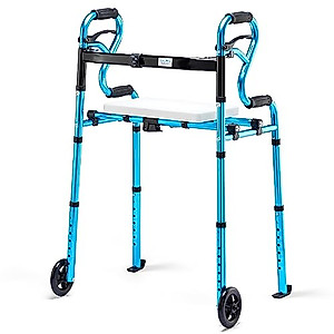 4 in 1 Folding Walker with Detachable Seat by Health Line Massage Products, Width Adjustable Folding Walkers with 5” Wheels and Extra 2 Skis, Compact Adults Walker for Seniors Support Up to 350lbs