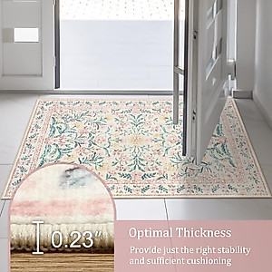 Morebes 5x7 Rug for Living Room Non Slip, Washable Light Pink Rugs for Bedroom Girls, Soft Low-Pile Boho Nursery Rug Indoor Floral Print Throw Carpet for Bedside,Pink&Green/Multi