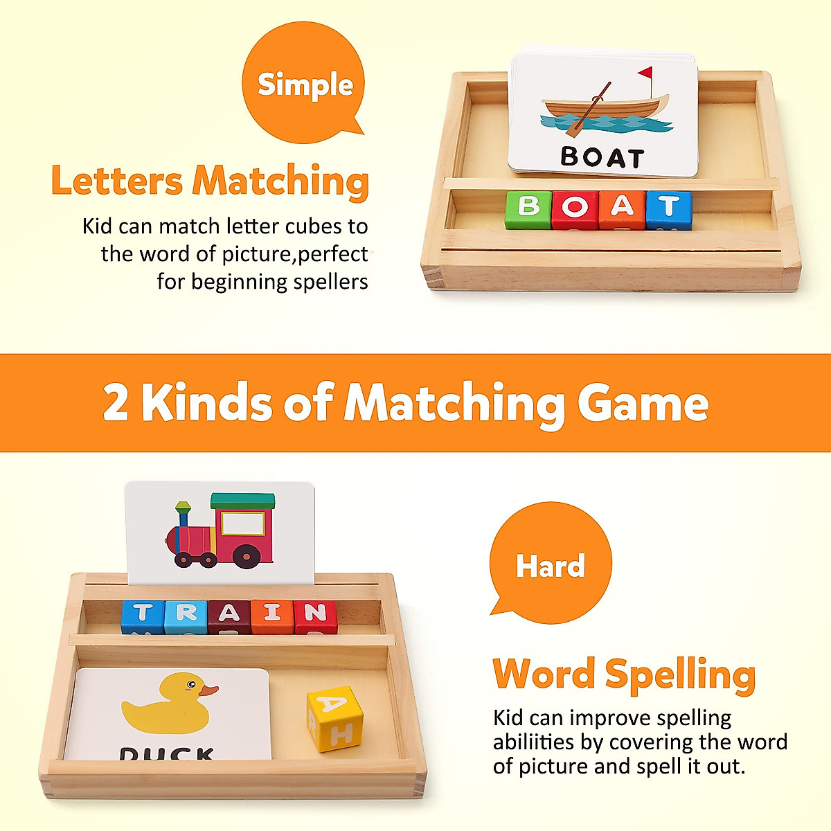 Coogam Wooden Blocks Spelling Game, Color Alphabet Letters Matching Flash Cards ABC Cubes Sight Words Learning Educational Montessori Puzzle Gift for Preschool Kids Boys Girls Age 3 4 5 Years Old