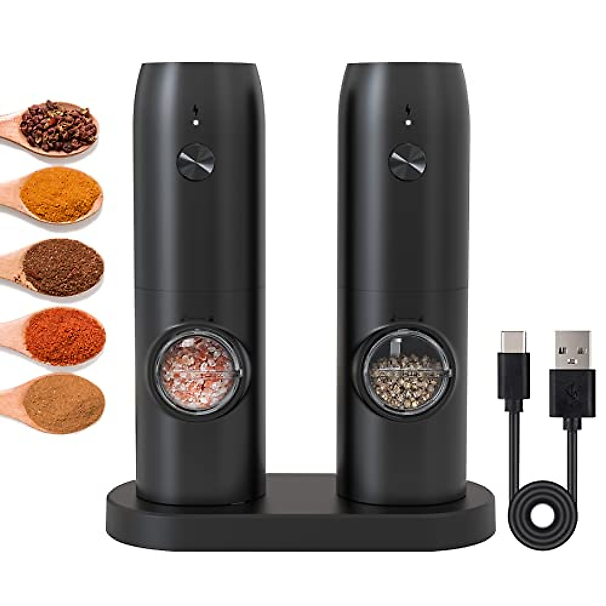 Rechargeable Electric Salt and Pepper Grinder Set, Adjustable Coarseness Automatic Salt or Pepper Mill Shakers, With Charging Base, USB Type-C Cable, LED Lights, One Hand Tact Switch Operation