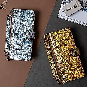 Qoosan Genuine Leather for Galaxy Z Fold 5 Case with Strap Card Holder Hinge Protection Wallet Case, Gold