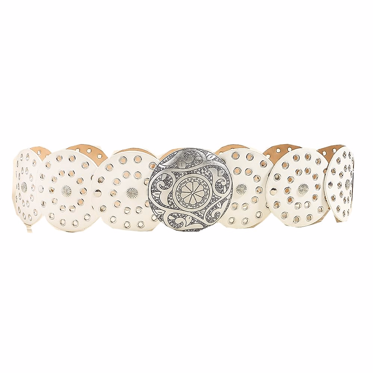 Baynoyia Women Hollow Disc Belt Wide Boho Concho Leather Belt Western Cowboy Wide Belt Metal Buckle Vintage Belt Y2k Aesthetic Belts (Ancient White, One Size)