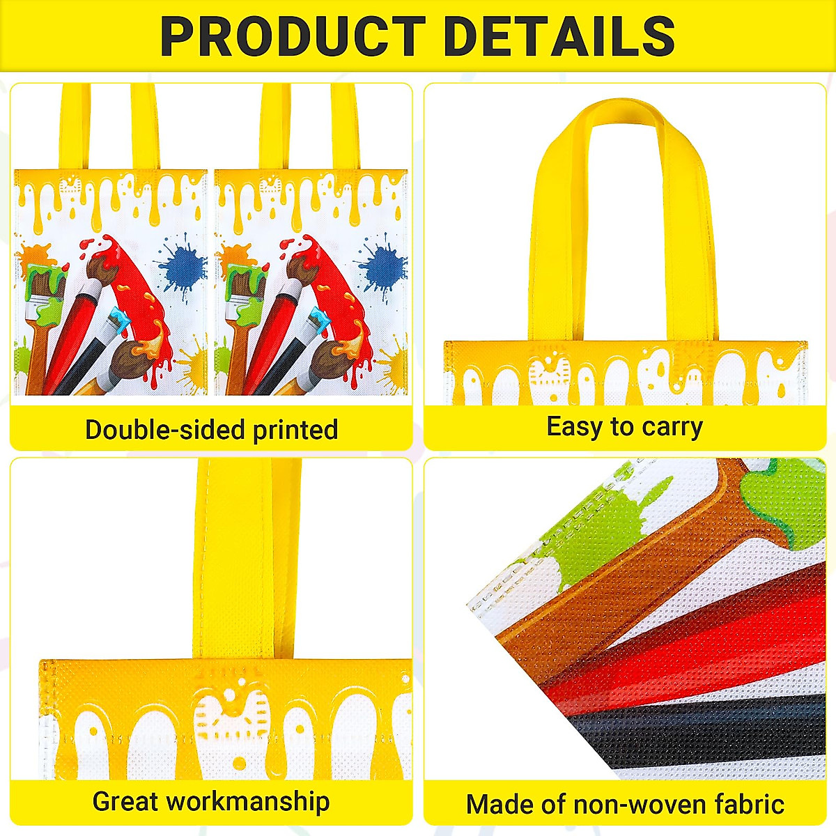 Sweetude 24 Pack Paint Party Favor Bags Non Woven Art Party Gift Bags Kids Art Paint Treat Goodie Bags Paintbrush Splatter Tote Bags for Paint Theme Birthday Party Baby Shower Supplies, 4 Styles