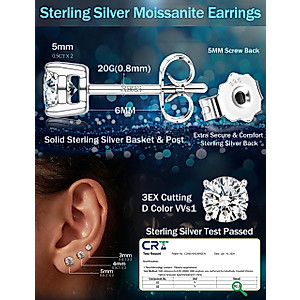 Moissanite Stud Earrings 3 Pairs 14K White Gold Plated Sterling Silver Men's Flat Back Stud Earring Cartilage Helix Piercing D Color Lab Created Moissanite Earrings Birthday Gifts for Men Women 1.8ct
