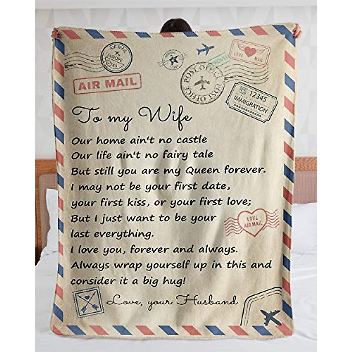 Blanket Personalized Love Mail Letter to Wife My Queen Forever from Husband- Fleece Blankets- Gifts for Wife Cozy Plush Fleece Blanket Size 60x80 inch On Christmas, Birthday, Holiday