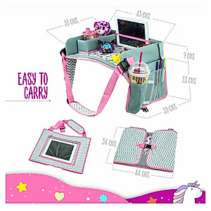 Thr33E Car Seat Kids Travel Tray - Travel Lap Desk Active Accessory for Child’s - Kids Tablet iPad Holder Stand Art Storage Pockets (Pink)