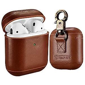 AirPods Leather Case, ICARER Genuine Leather AirPod case with Keychain and Led Light for Apple AirPods 2 Case & Airpods 1, Support Wireless Charging (Brown)