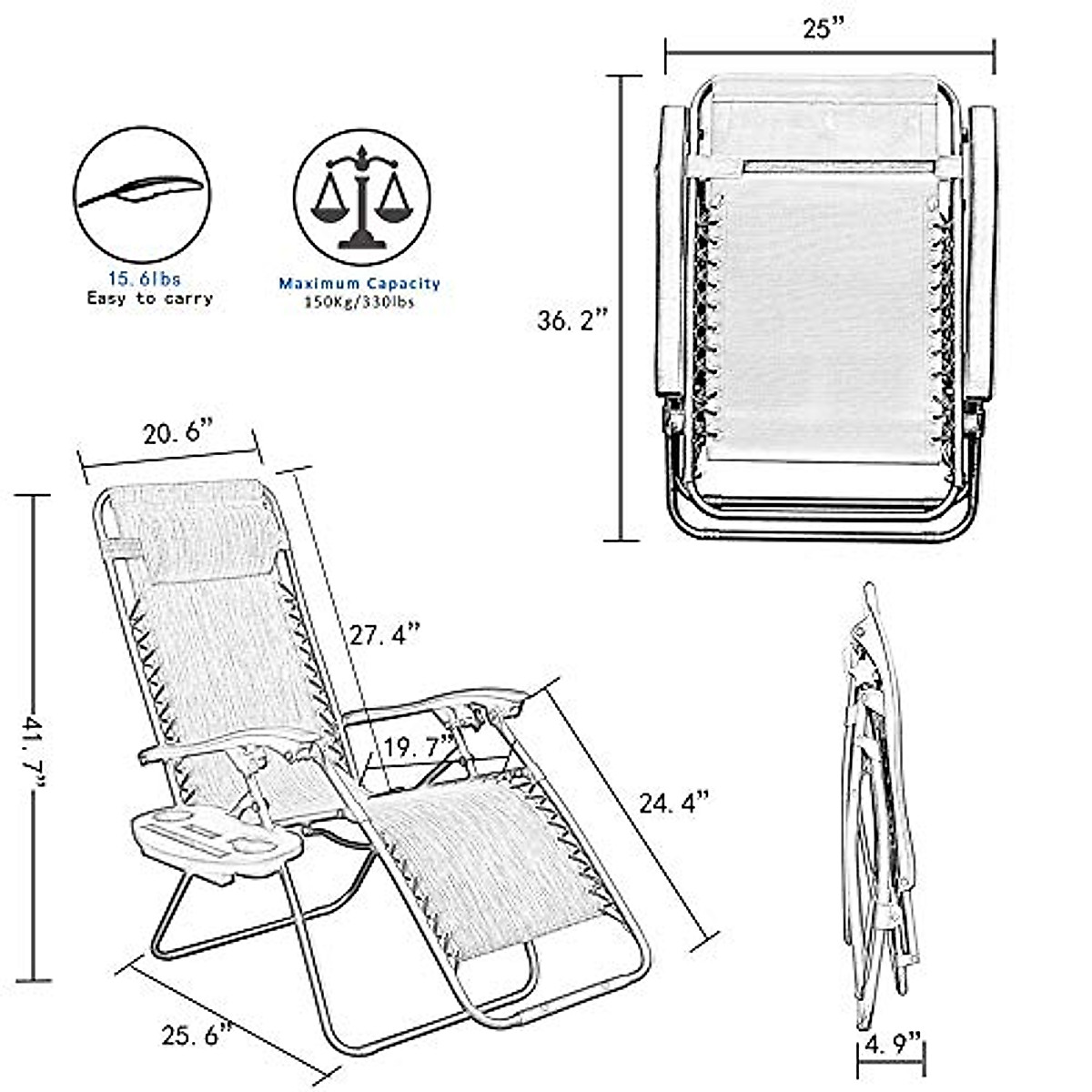 WEGO Zero Gravity Chair, Lawn Chair Flolding Recliner Lounge Chair with Removable Pillow and Side Table,Beige