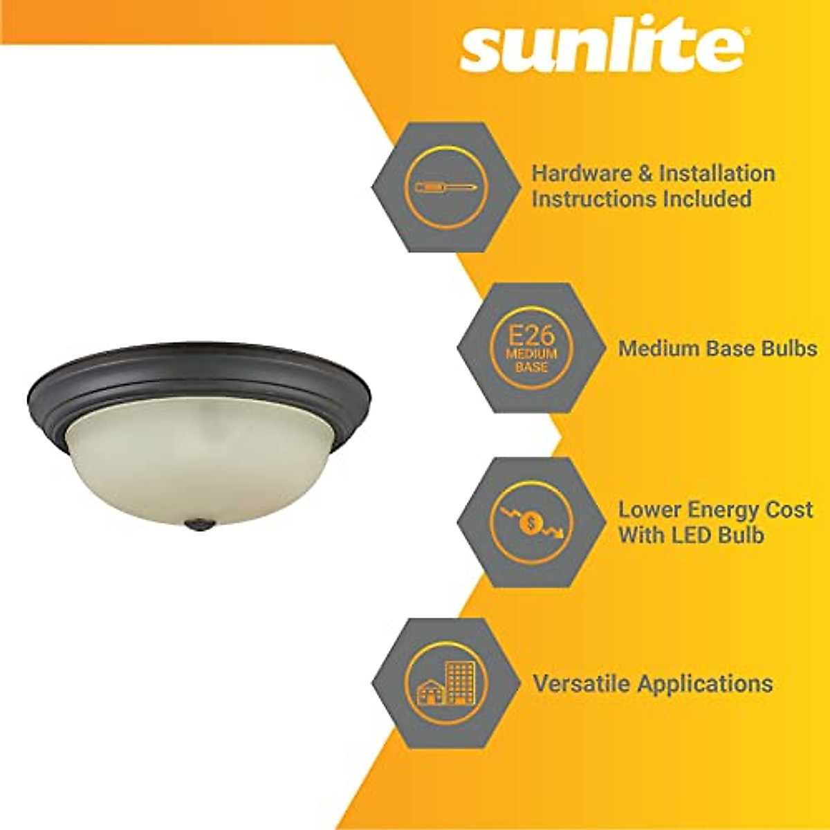 Sunlite 46083-SU Traditional Dome Ceiling Light Classic Decorative Flushmount, Tea-Stained Glass Shade, 60W A19 Bulbs (Not Included), for Bedroom, Hallways & Bathrooms, 16-Inch, Distressed Brown