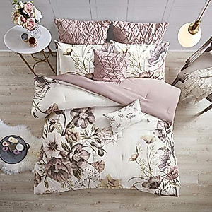 Madison Park Cassandra Cotton Blend Comforter Set - Feminine Design Colorful Floral Print, All Season Down Alternative Bedding Layer and Matching Shams, California King, Blush 8 Piece
