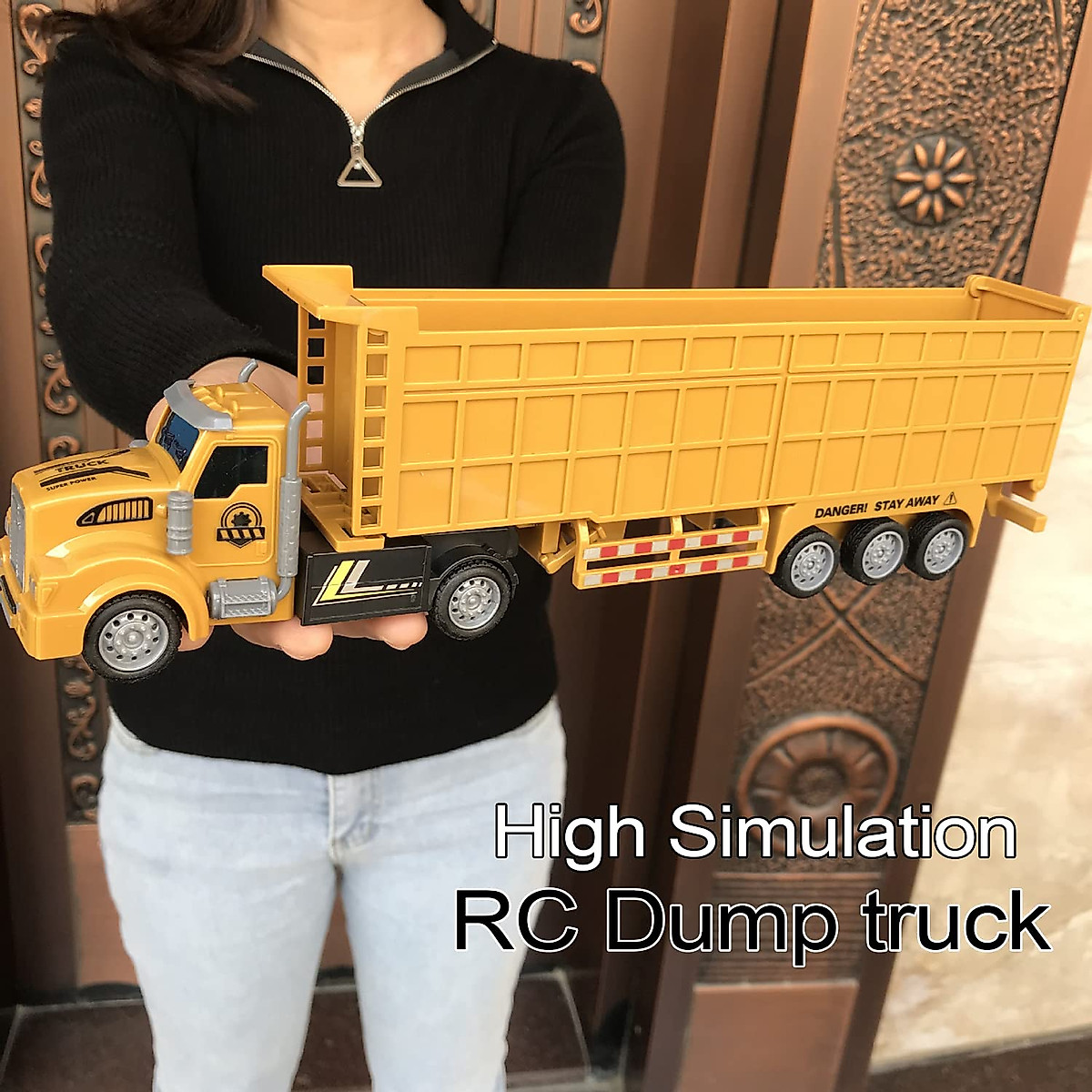 RC Dump Truck with Trailer - 14" 1:48 Mini Semi Truck Toy with 2 Rechargeable Batteries, Remote Control Car Construction Vehicles with Lights, Engineering Tractor Toy for 3 4 5 Years Kids Boys Girls