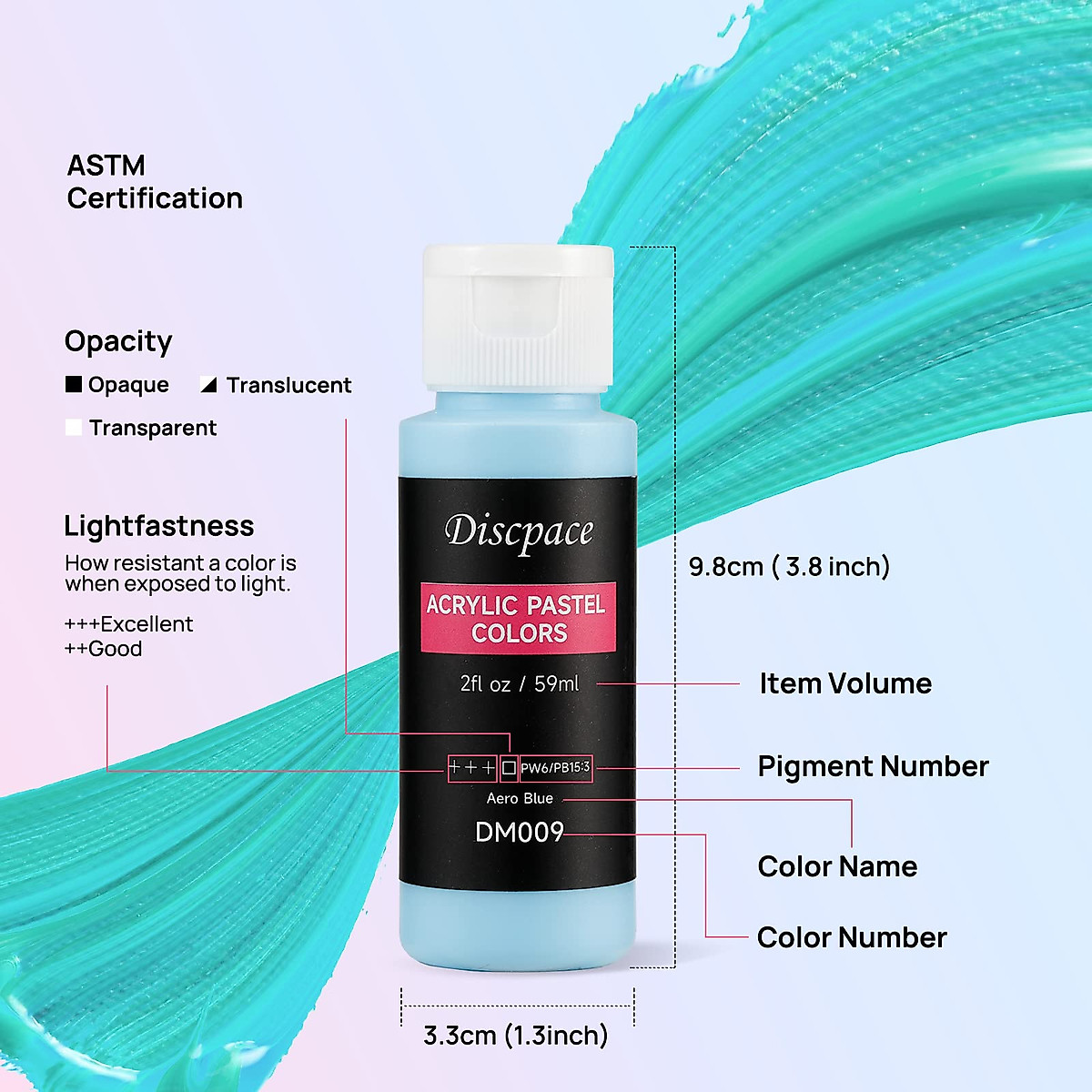 Discpace Pastel Acrylic Paints, Set of 24 Macaron Colors 2oz/59ml with 3 Painting Brushes, Art Craft Paint for Beginners/Kids/Rock Painting/Canvas/Wood/Glass/Ceramic/Stone Painting Supplies Kit