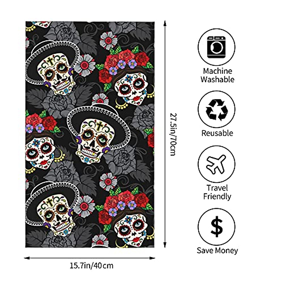 Perinsto Sugar Skulls Hand Towel Day of The Dead Decorative Fingertip Towels Multipurpose for Bathroom Kitchen Gym and Spa, 27.5" X 15.7"
