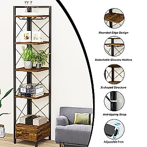 LAZEYARD 70.8 Inch Corner Bookshelf, 5 Tier Tall Narrow Bookshelf with Drawer and Glass Holder, Skinny Corner Bookcase, Freestanding Display and Storage Corner Shelf, Industrial Rustic Brown and Black