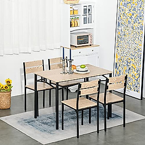 HOMCOM Rustic Industrial 5-Piece Dining Table Set Black Metal with 4 Chairs for Kitchen, or Dining Room, Oak