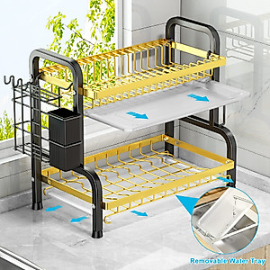 Nicous 2 Tier Dish Drying Rack, Dish Rack with Drainboard, Utensil Holder and Cutting Board Holder, 304 Stainless Steel Dish Drainer for Kitchen Counter (Black & Gold )