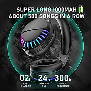 Wireless Bluetooth Headphone with Noise Cancellation HiFi Stereo Sound Mic Deep Bass Protein Earpad Rainbow RGB Backlight Rechageable Over Ear Headset for PC Mac Game Travel Class Home Office(Black)