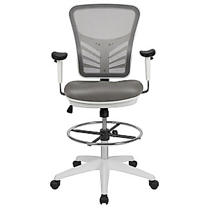 Flash Furniture Tyler Mid-Back Light Gray Mesh Ergonomic Drafting Chair with Adjustable Chrome Foot Ring, Adjustable Arms and White Frame