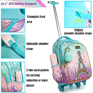 Egchescebo School Bags Kids Rolling Backpack Luggage Suitcase With Wheels Trolley Wheeled Backpacks for Girls Travel Bags 3PCS Cat Backpack With Lunch for kids Sky Blue Bags