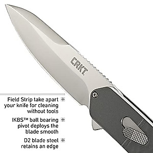 CRKT Bona Fide EDC Folding Pocket Knife: Take Apart Field Strip, Satin Drop Point Blade, Flipper Open, Liner Lock, Aluminum Handle, Low Profile Pocket Clip K540GXP