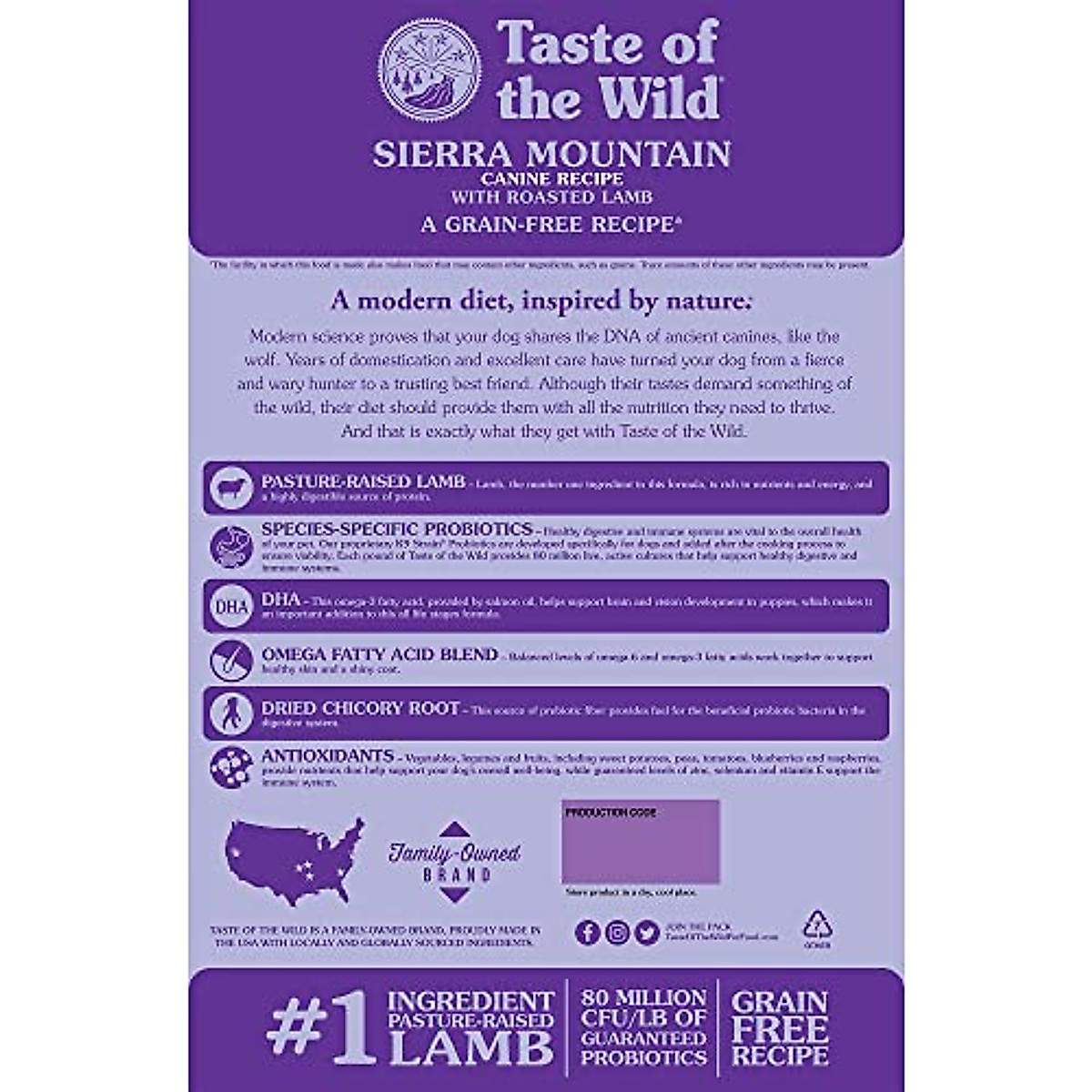 Taste of the Wild Sierra Mountain Grain-Free Canine Recipe with Roasted Lamb Dry Dog Food for All Life Stages, Made with High Protein from Real Lamb and Guaranteed Nutrients And Probiotics 28lb