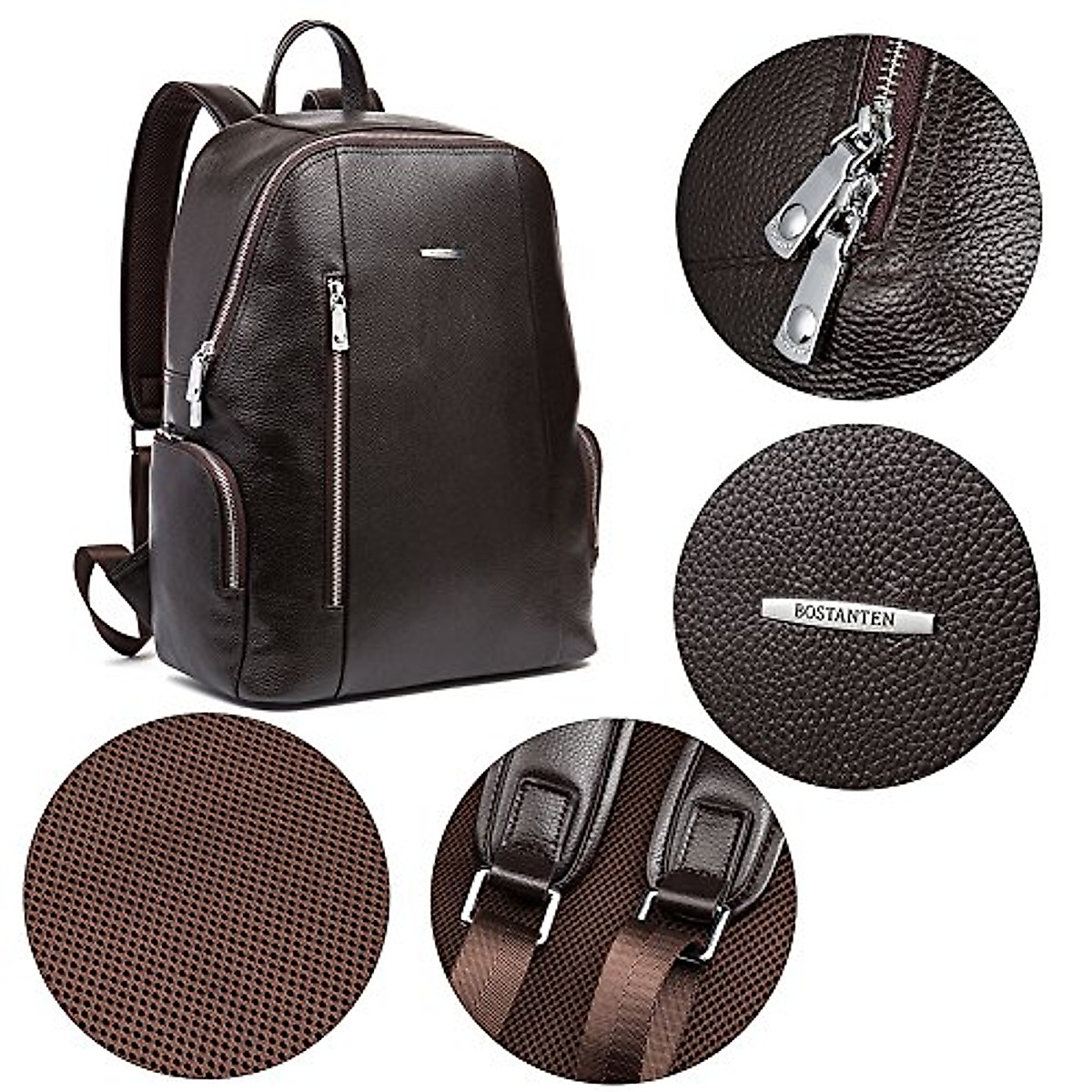 BOSTANTEN Leather Backpack College Laptop Travel Camping Shoulder Bag Gym Sports Bags for Men Coffee