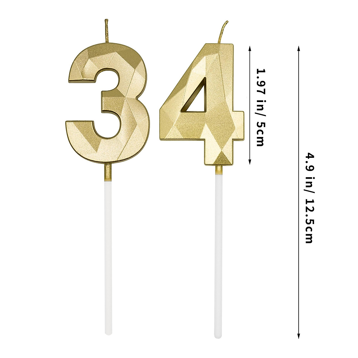 34th & 43rd Birthday Candles for Cake, Gold Number 34 43 3D Diamond Shaped Candle Birthday Decorations Party Supplies for Women or Men