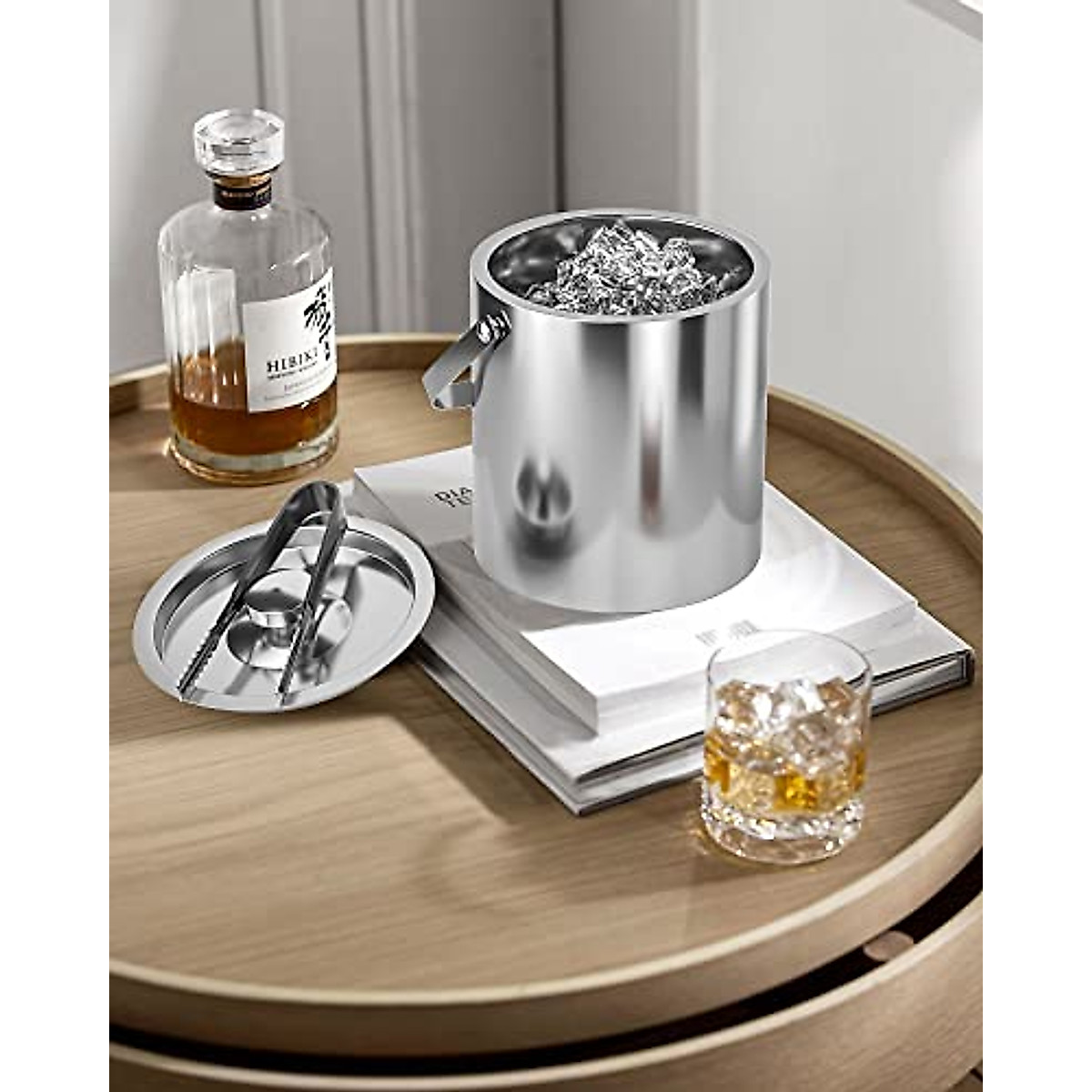 AYOTEE Double Wall Ice Bucket with Lid, Ice Tongs and Strainer,3.3L Insulated Ice Bucket for Cocktail Bar, Wine, Home Bar Accessories, Parties, Champagne Bucket
