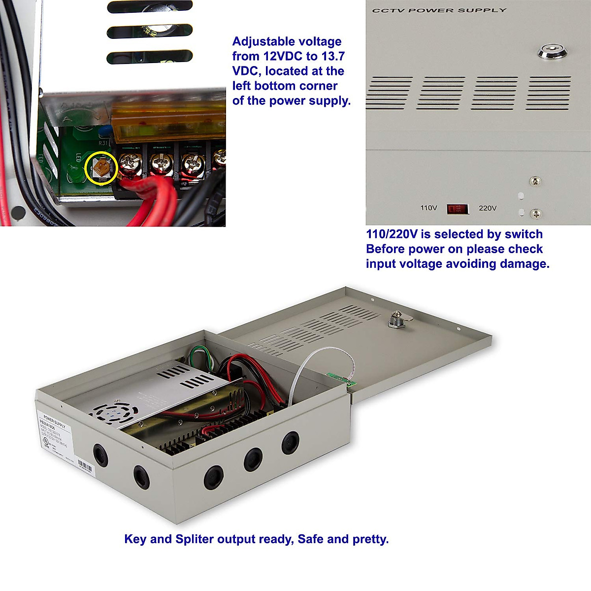 18 Outputs 12V DC 30 Amp Distribution Switching Power Supply Box for CCTV Security Cameras, UL Listed