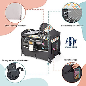 HONEY JOY Pack and Play with Bassinet, 4-in-1 Portable Baby Playard with Changing Table, Hanging Toys, Diaper Storage Bag, Music Box, Wheels with Brake, Foldable Newborn Play Yard w/Carry Bag (Yellow)