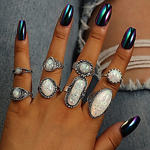 Octwine 8Pcs Silver Bohemian Statement Knuckle Rings Oval White Geometry Crystal Rhinestones Rings Stackable Rings Stacking Ring Jewelry for Women