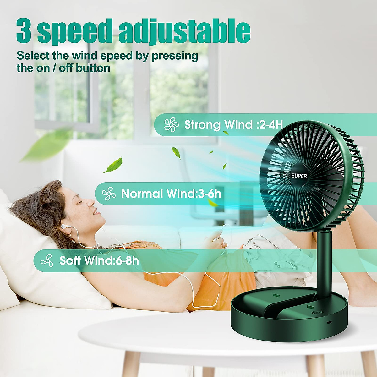 MAESHOP Portable Table Fan 6.5 Inch 3 Speeds Wind Quiet 2000mAh Rechargeable Battery Powered USB Desktop Folding Fan For Home Desk Outdoor Bedroom Office Trave (Green)
