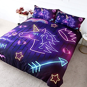 BlessLiving Purple Unicorn Bedding Girls Neon Unicorn Bed Set Gold Stars Pink Heart Crown Print Unicorn Bedspreads 3 Piece Cute Unicorn Duvet Cover Sets for Kids Teens Boys (Twin)
