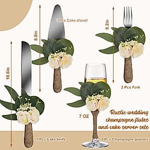 Lallisa 6 Pcs Wedding Cake Knife and Server Set Stainless Steel Cake Knife, Pie Server, 2 Pcs Forks and 2 Pcs Champagne Glasses with Eucalyptus Leaves and Roses Wedding Decorations for Bride Gifts
