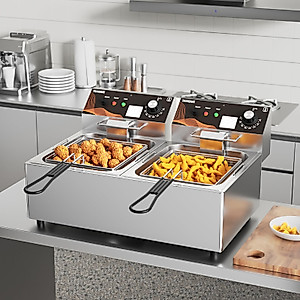 Commercial Deep Fryer with Baskets 20.7Qt Dual Tank Upgraded Electric Countertop Fryer Heavy Duty 1mm Thickened Stainless Steel Deep Fryers, 120V, 3600W, UL Certified